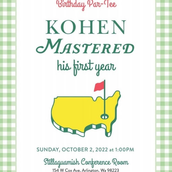 Masters Party Birthday Invitation, First Birthday, Golf, Mastered First ...