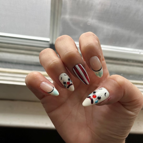 3D Moody Circus Clown Press on Nails - Spooky Happy & Sad Clowns French ...