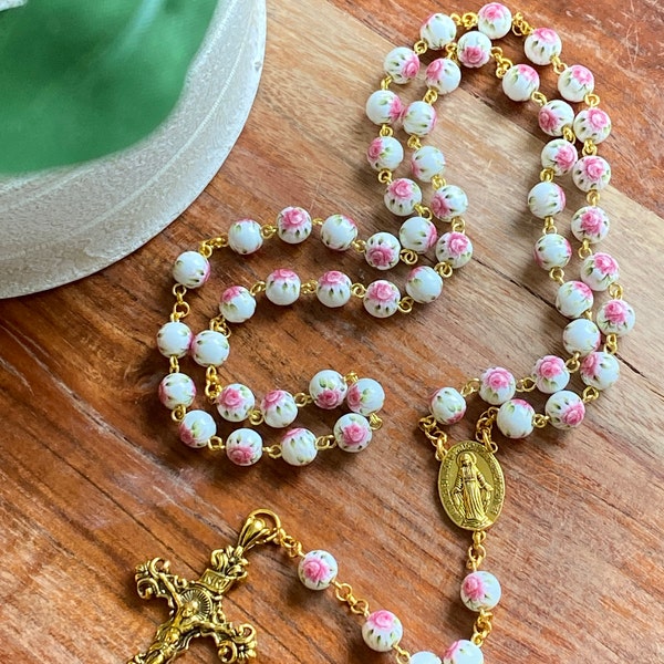Handmade White With Pink Flower Patterned Rosary - Etsy