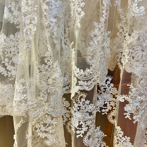 Fancy 3cm Wide Floral Embroidery Sequined Beaded Light Ivory Bridal Hem ...