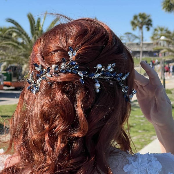 Navy Blue Bridal Hair Vine With Navy Blue Crystals Emerald Gnavy Blue ...