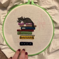 Boho Hand Embroidery Pattern Stack of Books Hoop Art Design Cat ...