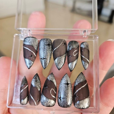 Black Stars Press on Nails, Black Coffin Nails, Custom Fake Nails, Handpainted False Nails ...