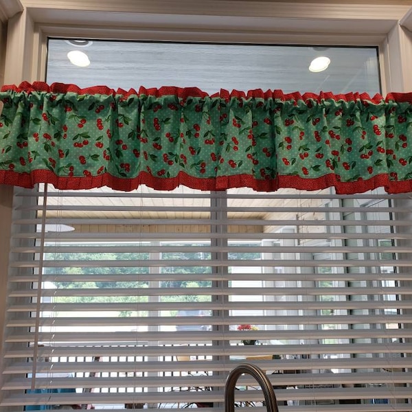 A. Retro Cherries Curtain, Valance, Fifties Style, Aqua and Red ...