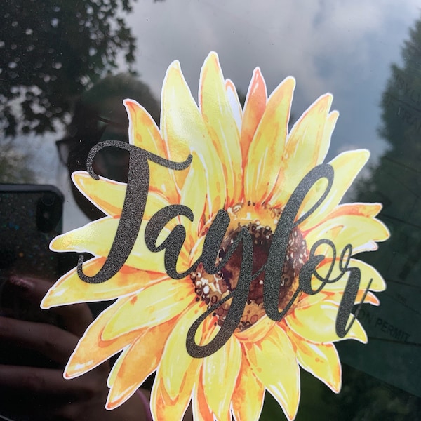 Sunflower Monogram Sticker | Vinyl Name Decal | Watercolor Floral Name ...