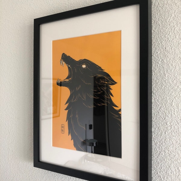 Black Wolf Chained Red Background Wolf Wall Art Gothic Home Decor Dark ...