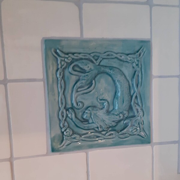 Handmade Celtic Mermaid Ceramic Bas Relief Tile in Crackle Blue ...