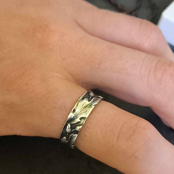 Band Tree Ring Nature Inspired Band Oak Leaf Ring Acorns Band Embossed ...