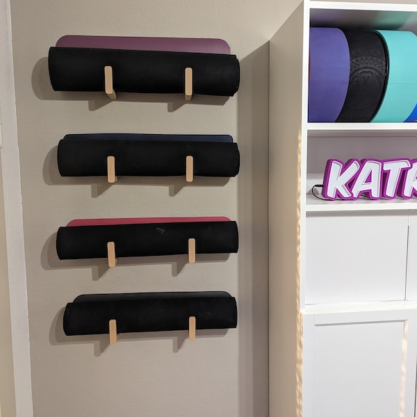 Wooden Yoga Mat Hooks Set, Two Lengths, Beech Wooden Yoga Mat Holder ...