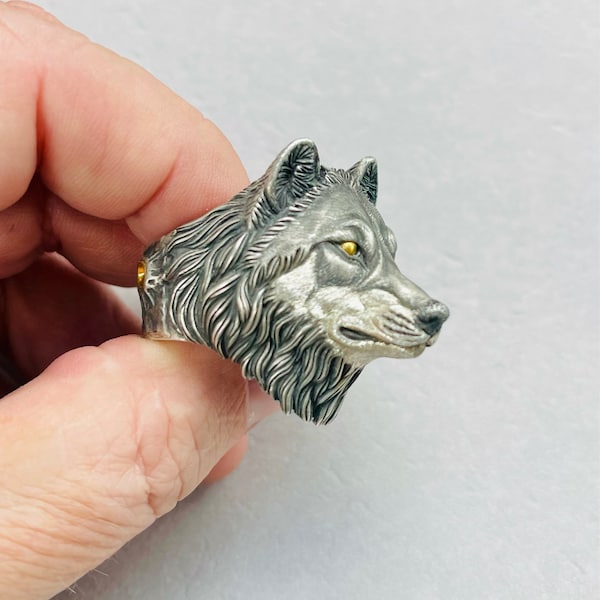 Large Leader Wolf Ring Chunky Wolf Head Ring Gothic Ring Rock Biker ...