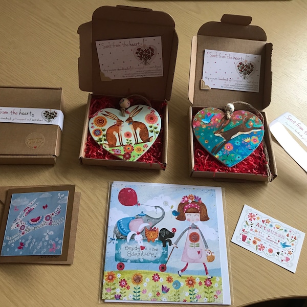 Beautiful Leaping Hare and Bluebird Illustrated Wooden Heart Hanger ...