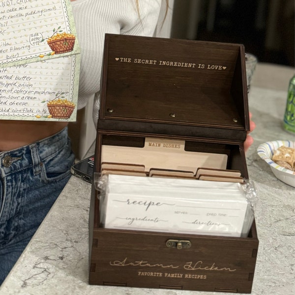 Personalized Recipe Box, Wood Recipe Box With Dividers & Recipe Cards ...