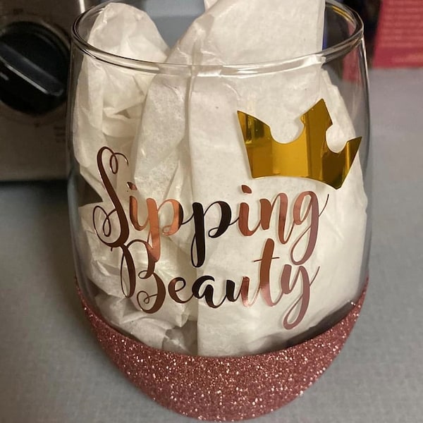 Sipping Beauty Wine Glass- Glitter Wine Glass- Stemless Glitter Dipped ...