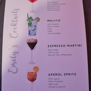 Personalised Watercolour Cocktail Menus A3 - Etsy UK