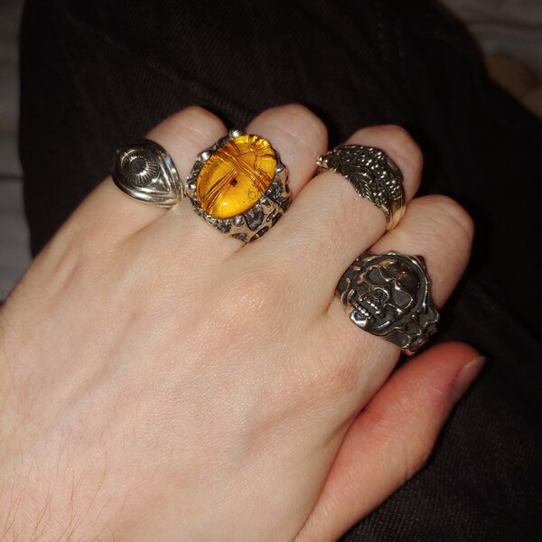 Mummy's Curse Ring Large Genuine Amber Carved Scarab Sterling Silver ...