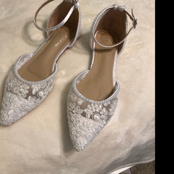 White Crochet Lace Pointy Toe Flats With MINI PEARLS, Women Wedding ...