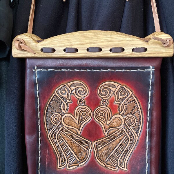 Viking Leather and Wood HANDLE Bag, Hedeby Haithabu Bag, Hand Carving ...