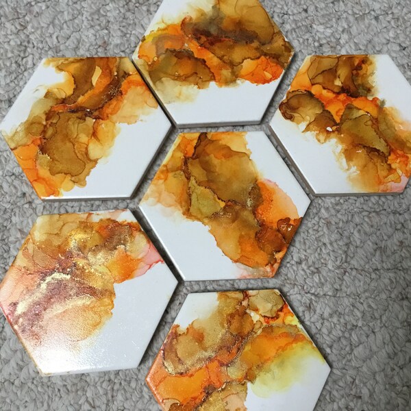 Handmade Alcohol Ink Hexagon Tile Coaster Sets Housewarming Gift ...
