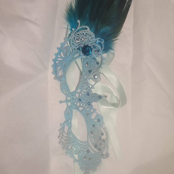 Turquoise Teal Masquerade Mask Women Lace With Rhinestones and Feathers ...