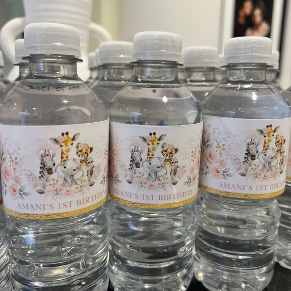 Blush Safari Water Bottle Label Jungle Animals Baby Shower Favors Pink ...