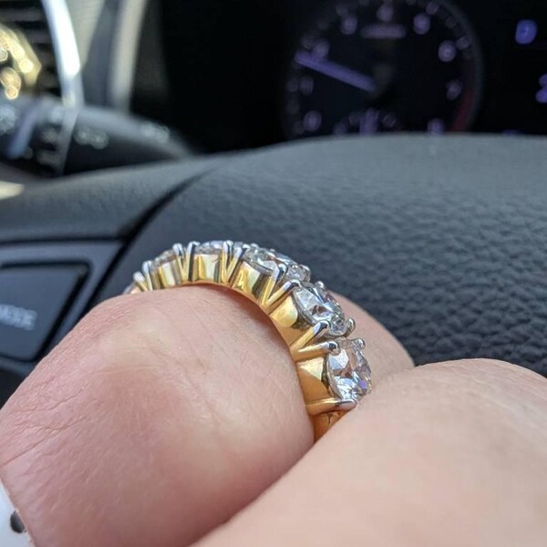 Emerald Cut Moissanite Ring Three Stone Wedding Ring 2.38 Ctw Half Bezel Set East West ...