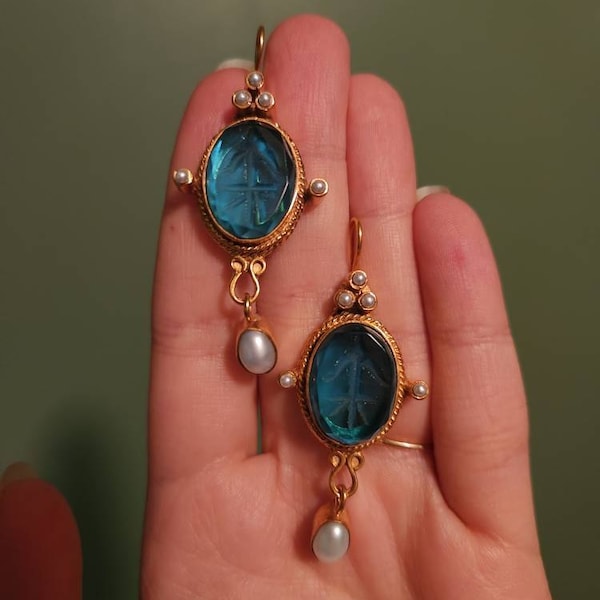 Intaglio Earrings, Blue Earring, 18K Gold Plated Earrings, 1920s ...
