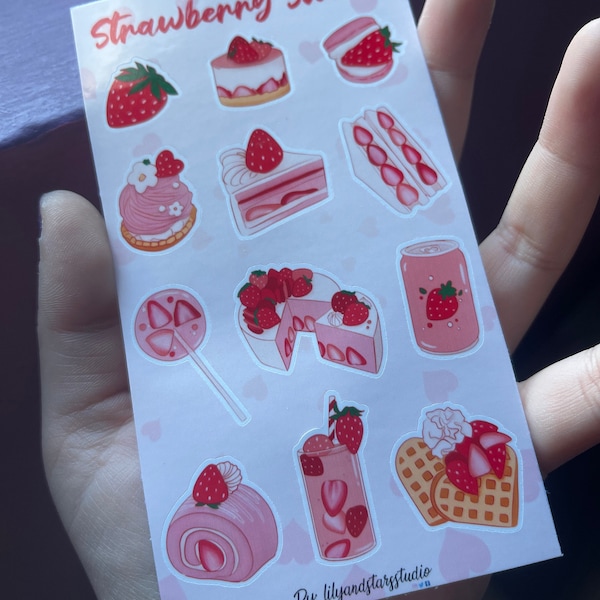 Strawberry Sticker Sheet • Kawaii Aesthetic Cake • Cute Desserts • Pink ...