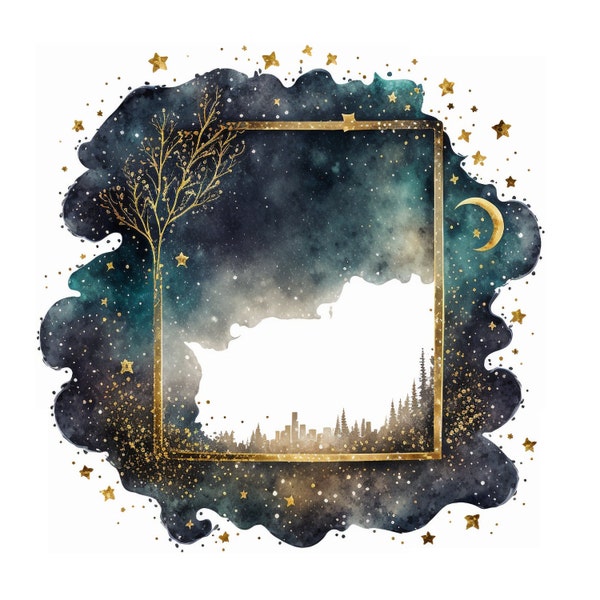 Watercolour Celestial Gold Frame Clipart Bundle, Gold and Black Stars ...