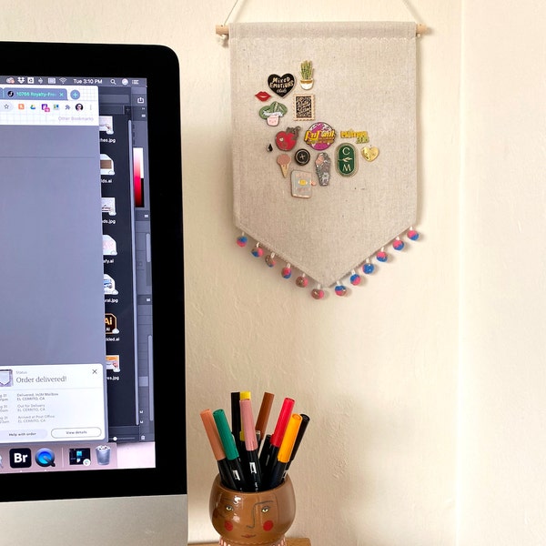Canvas Pin Pennant / Natural Enamel Pin Display With Colorful Pom Pom ...