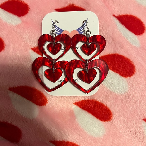 Red Nesting Hearts Acrylic Earrings, Laser Cut Love Statement Earrings ...