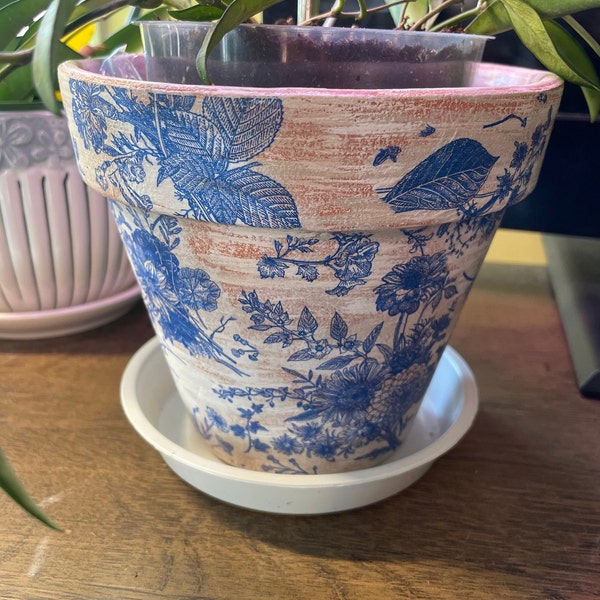 Planter, Tissue Decoupage Toile Design, Blue Floral, Distressed White ...