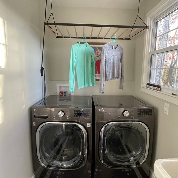 Ceiling Mounted Laundry Drying Rack: Black Metal & Hardwood - Etsy