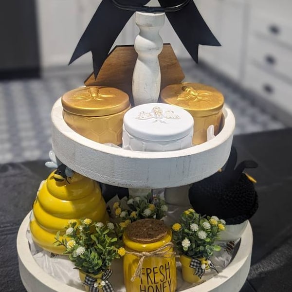Bee Tiered Tray Decor, Tiered Tray Mini Floral Arrangement, Set of 3 ...