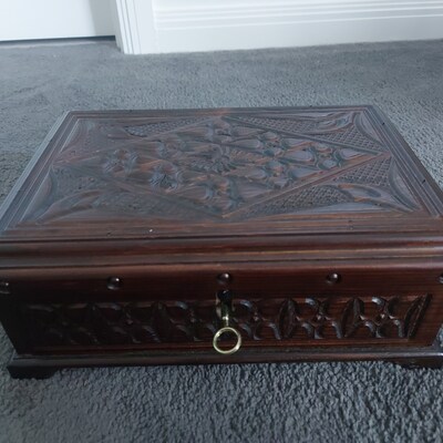 Secret Lock Wooden Box, Carved Wooden Chest, Wooden Locking Box, Wooden ...