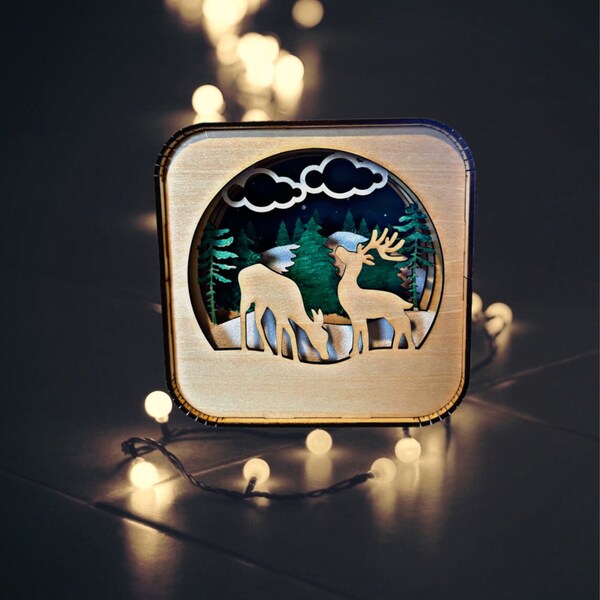 Wooden Night Lamp Deer Forest Scene Multilayer Shadowbox Laser Cut ...