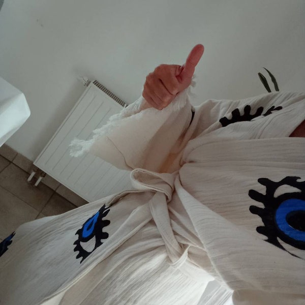 Turkish Cotton Green Evil Eye Kimono, Cardigan Robe, Evil Eye Ethnic ...