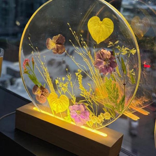 Timeinhand|natural Flowers Night Light With Wood Base,colorful Pressed ...