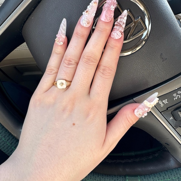 Summer Pink Octopus and Flower Press on Nails, Elegant Handmade PINK ...