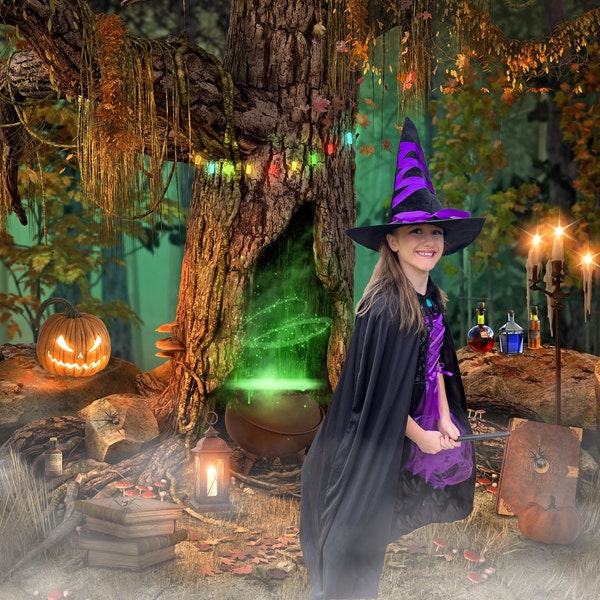 Halloween Digital Background, Magic Cauldron on a Tree in the Forest ...