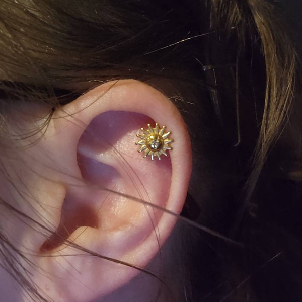 Labret Flat Back Celestial Sun Stud • Dainty Minimalist Stack Earring ...