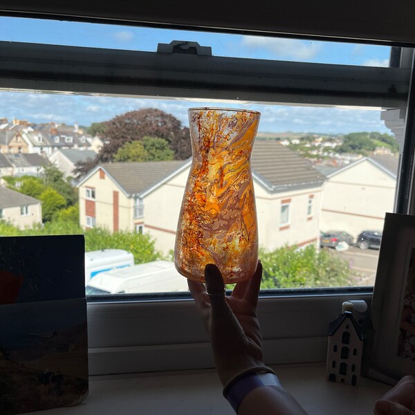 Unique Hand Painted Marble Vintage Ribbed Glass Vase, Pink and Purples ...