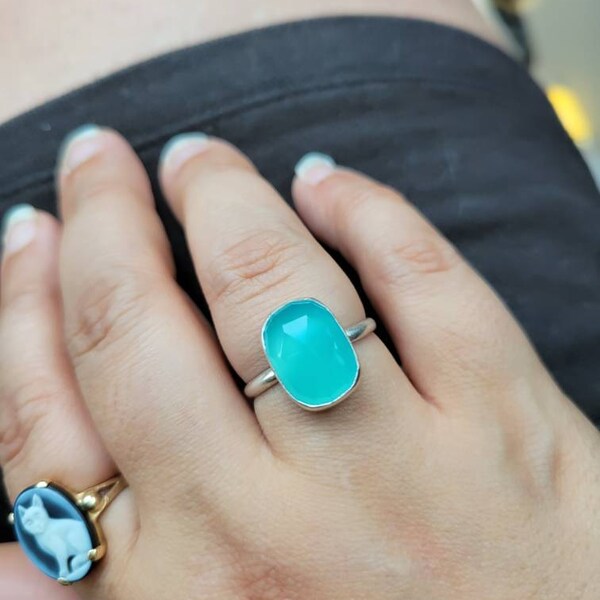Elegant Rectangle Cushion Cut Aqua Blue Chalcedony Boho Ring Sterling Silver Statement Ring ...