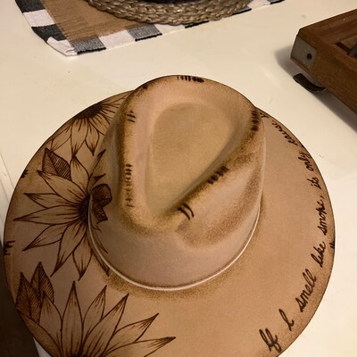 Becky: Triple Sunflowers. Made to Order Handcrafted Burned Wide Brim Hat. Burned Hat, Cowboy Hat ...