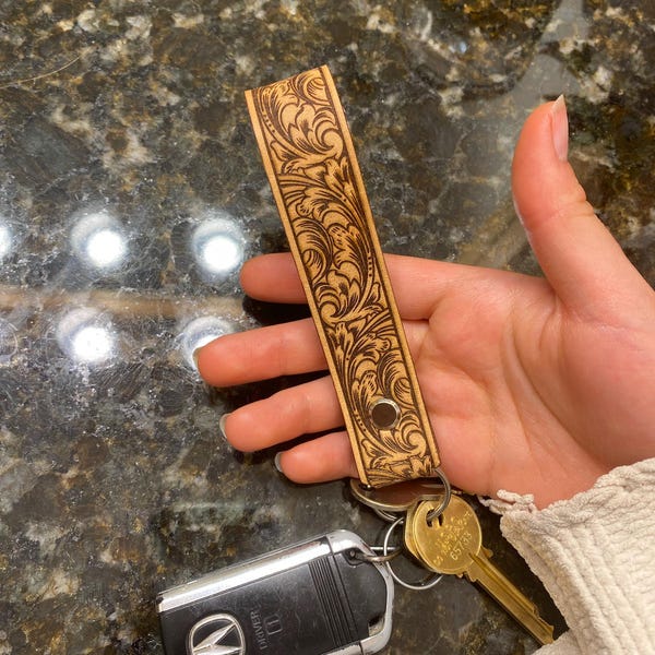 Engraved Tooled Leather Styled Floral Keychain | Keychains Strap ...