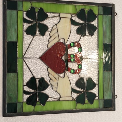 Irish Claddagh Ring Shamrock Stained Glass Window Panel, Hangings ...