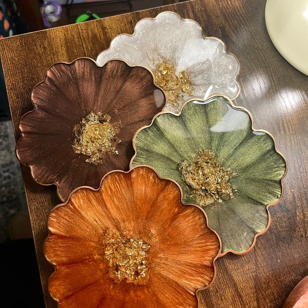 Fall Collection - Gold Accented Flower Handmade Resin Coasters - Etsy