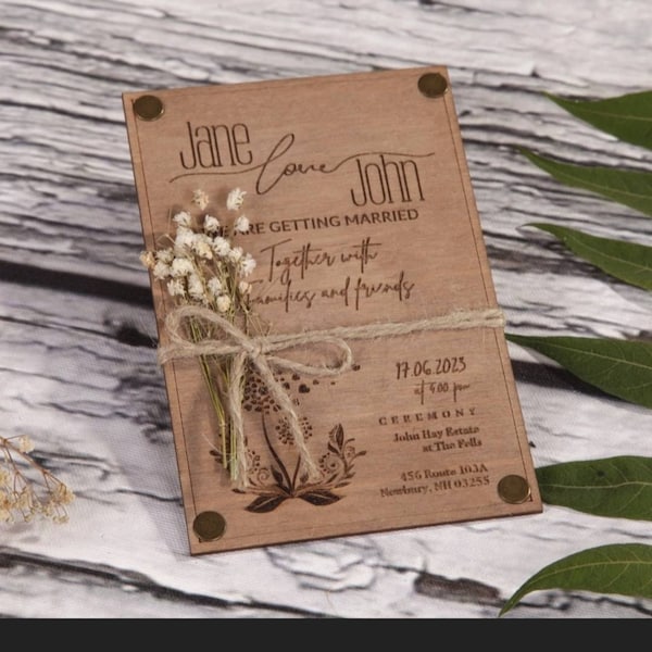 Rustic Wooden Wedding Invitations - Custom Engraved With Jute, Metal ...