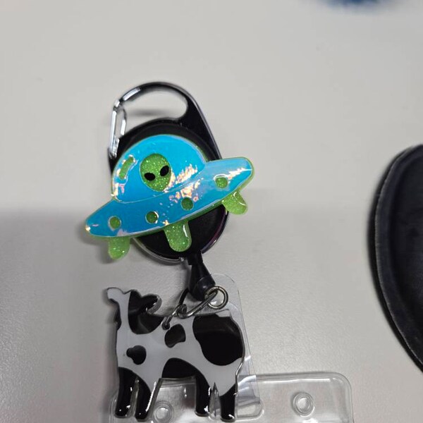 UFO Cow Abduction Badge Reel, Glow in the Dark, Alien Spaceship Badge ...