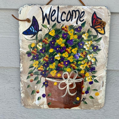 Painted Slate Welcome Sign, Basket of Daisies Slate Welcome Sign, Door ...