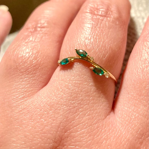 14k Solid Gold Emerald Leaf Ring – Nature Inspired Marquise Cut Emerald Stacking Ring, Dainty ...